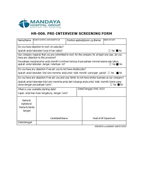 006 Hr Mhg Pre Interview Screening Form New Pdf
