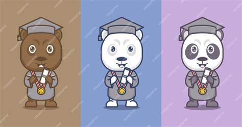 귀여운 만화 곰 판다 북극곰 졸업 프리미엄 벡터
