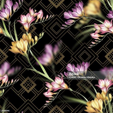 추상적인 기하학적 배경에 수채화 Freesia 꽃으로 완벽 한 패턴입니다 0명에 대한 스톡 벡터 아트 및 기타 이미지 0명