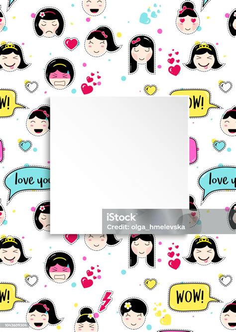 女孩橫幅與動漫 Emoji 表情模式可愛的貼紙和3d 紙孩子氣的女孩橫幅與可愛亞洲面孔向量圖形及更多互聯網圖片 互聯網 可愛 垂直構圖