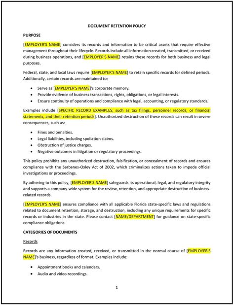 Document Retention Policy Florida Free Template