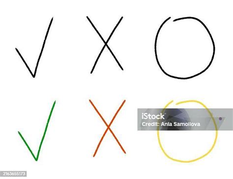 선택을 위해 손으로 그린 기호 세트입니다 녹색 확인 표시 빨간색 십자가 및 노란색 원 벡터 일러스트 레이 션1 개념에 대한 스톡 벡터 아트 및 기타 이미지 Istock