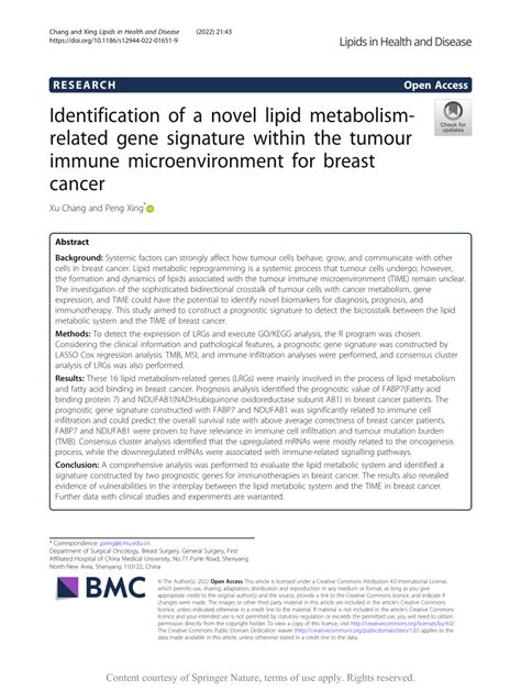 Pdf Identification Of A Novel Lipid Metabolism Related Gene Signature Within The Tumour Immune
