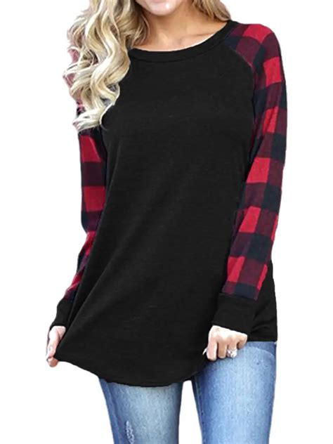 Plaid Stitching Crew Neck T Shirt Casual Long Sleeve T Shirt Temu