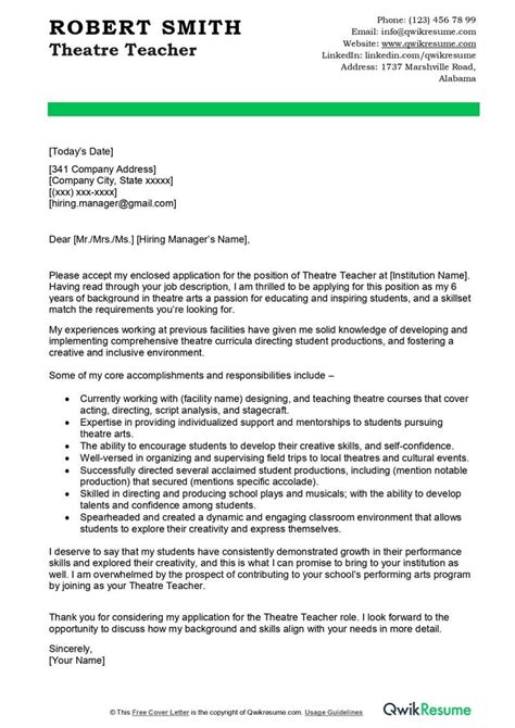 Theatre Teacher Cover Letter Examples Qwikresume