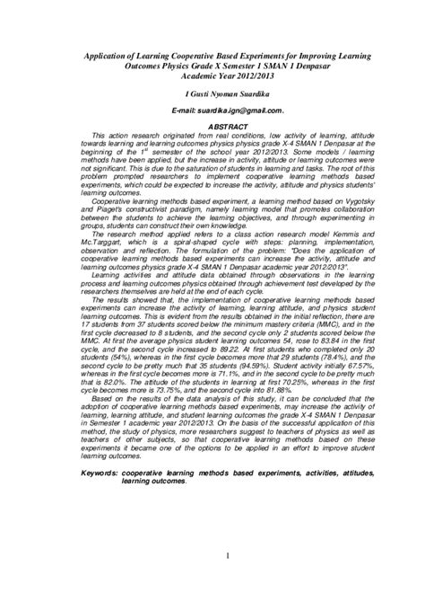 Pdf Application Of Learning Cooperative Based Experiments For Improving Learning Outcomes