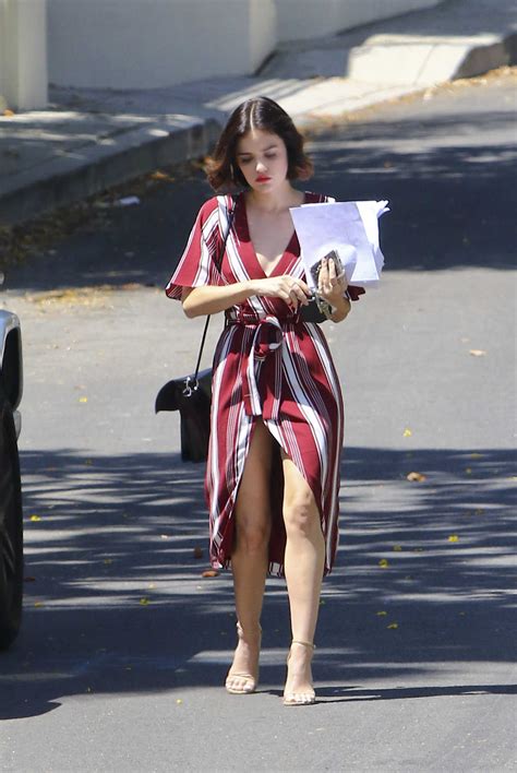 Lucy Hale In A Striped Sexy Dress Leaves A Friends House In West