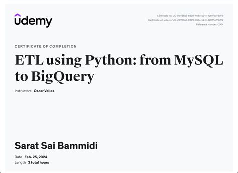 Completed Etl Course With Mysql And Bigquery Sarat Sai Bammidi Posted