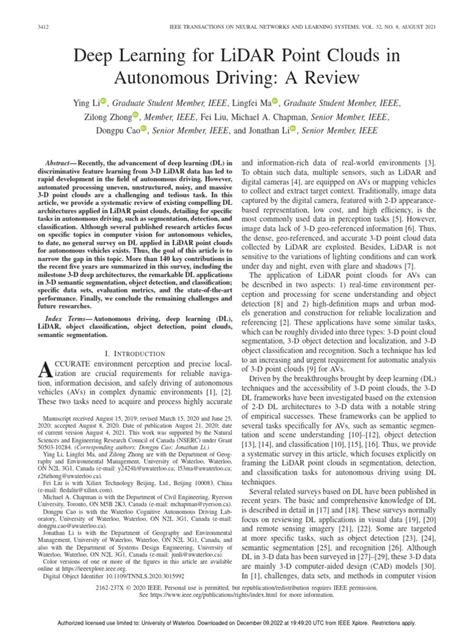 Deep Learning For Lidar Point Clouds In Autonomous Driving A Review