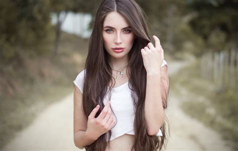 Wallpaper Girl Road Model Green Eyes Long Hair Brown Hair Photo