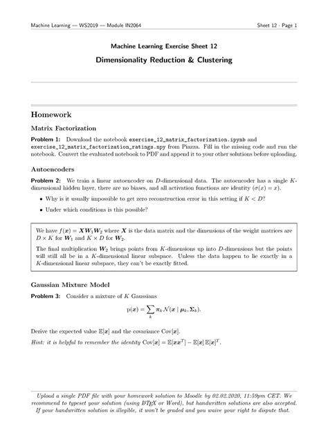 Exercise Solution 11 Clustering Solution 1 Machine Learning Exercise Sheet 12 Dimensionality