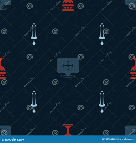 Set Medieval Goblet Crusade And Sword On Seamless Pattern Vector