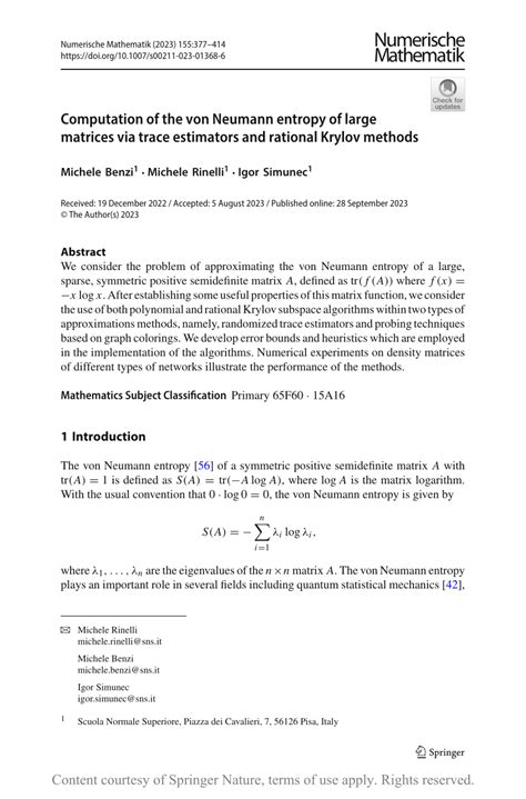 Pdf Computation Of The Von Neumann Entropy Of Large Matrices Via