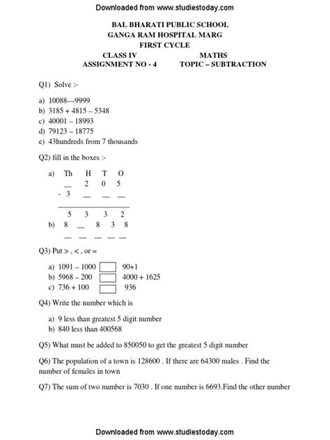 Cbse Class 4 Maths Revision Worksheet Pdf