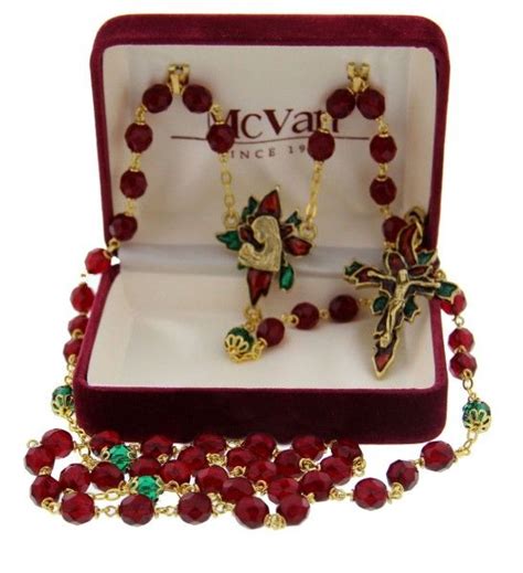 Ruby Red And Green Poinsettia Christmas Rosary Gold Tone Christmas