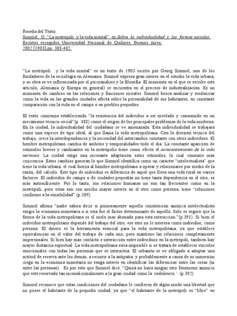Reseña Metropoli Y La Vida Mental Georg Simmel Pdf Vida