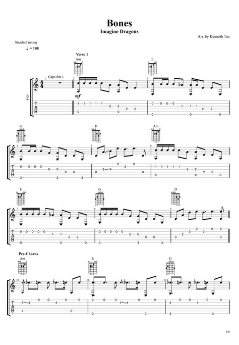 Imagine Dragons Fingerstyle Guitar Bones By Kenneth Acoustic نوتة
