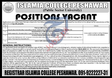 Islamia College Peshawar Professor Jobs 2019 2025 Job Advertisement