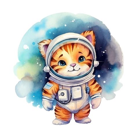 수채화 스타일의 귀여운 우주 비행사 고양이 만화 프리미엄 벡터