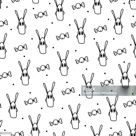 흑백 색상의 낙서 토끼와 사탕이 있는 원활한 패턴입니다 벡터 일러스트 레이 션입니다 가공의 인물에 대한 스톡 벡터 아트 및 기타 이미지 가공의 인물 검은색 공휴일