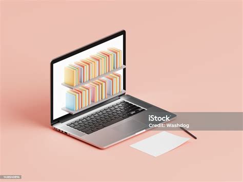 두 줄 책장과 같은 노트북 화면 디지털 정보 공부 교육 및 E 러닝 개념 3d 그림입니다 도서관에 대한 스톡 사진 및 기타