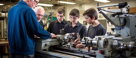premium ai image engineer teaching apprentices to use computerized lathe