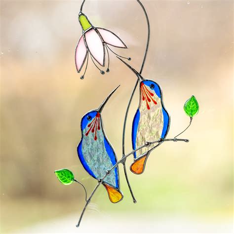 Stained Glass Blue And Clear Hummingbirds With Pink Flower Suncatcher