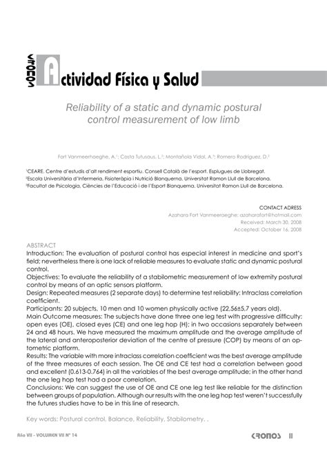 Pdf Reliability Of A Static And Dynamic Postural Control Measurement Of Low Limb