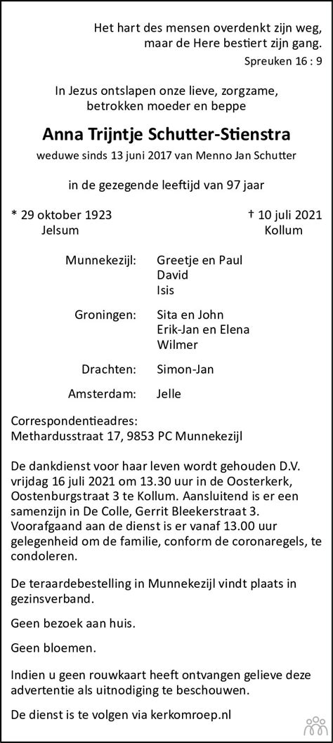 Anna Trijntje Schutter Stienstra 10 07 2021 Overlijdensbericht En Condoleances Mensenlinq Nl