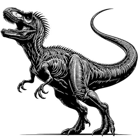 Черно белая иллюстрация динозавра Trex Премиум векторы