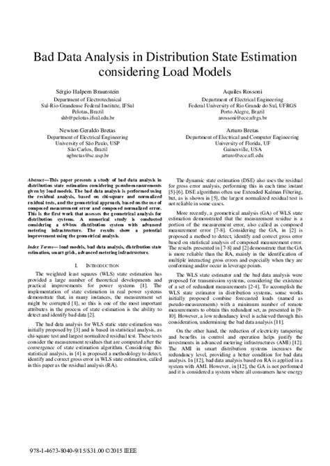 pdf bad data analysis in distribution state estimation considering