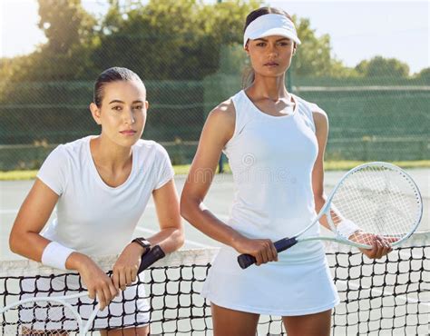 Tennis Focus Serious Women And Woman Athlete Ready For Competitive