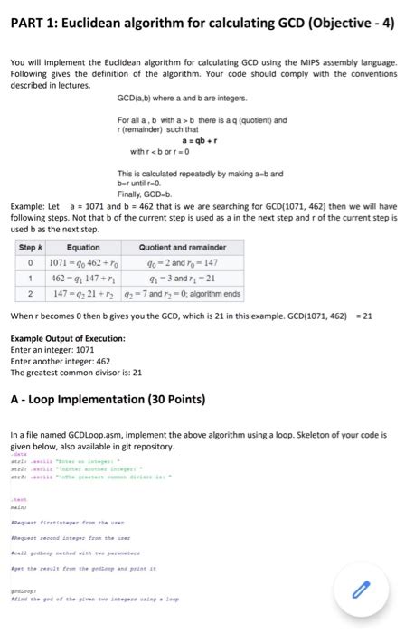 Solved Part 1 Euclidean Algorithm For Calculating Gcd