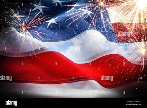 Independence Day Of Usa National American Flag And Fireworks Stock