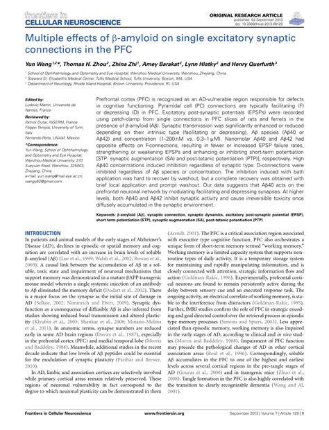 Pdf Multiple Effects Of β Amyloid On Single Excitatory Synaptic Connections In The Pfc