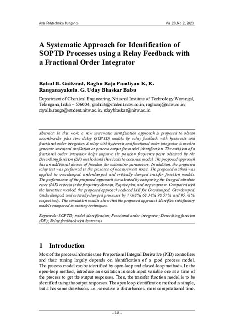 Pdf A Systematic Approach For Identification Of Soptd Processes Using A Relay Feedback With A
