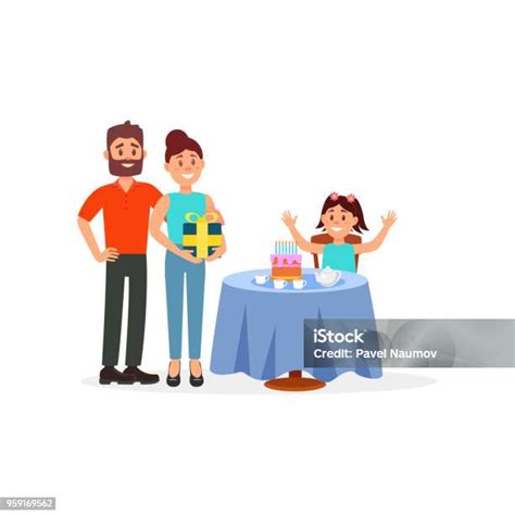 快樂的女孩坐在桌子後面與她的生日蛋糕父母站在禮物旁邊平面向量圖向量圖形及更多人圖片 人 兒童 卡通 Istock