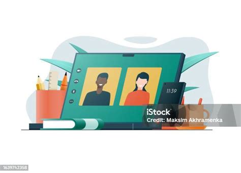 노트북에서의 업무 구성 전화 회의 화상 통화 비즈니스 회의 또는 친구와의 회의 2명에 대한 스톡 벡터 아트 및 기타 이미지 2명 3차원 형태 공부 Istock