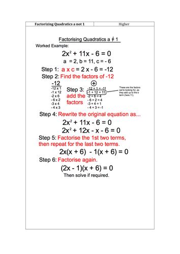 Gcse Maths Factorising Quadratics When A Not 1 Questions With Worked Answers Teaching Resources