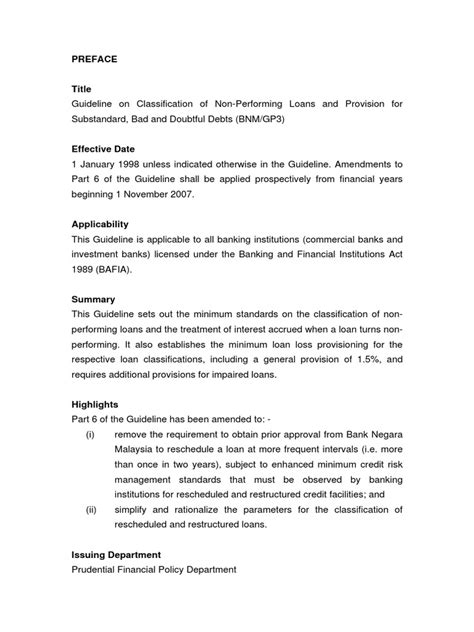 Guideline On Classification Of Npl And Provision For Substandard Bad And Doubtful Debts Bnm
