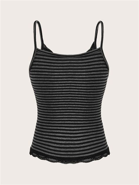 Romwe Goth Striped Contrast Lace Cami Top Shein Uk