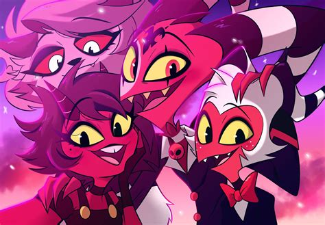 Helluva Boss Group Photo Blitzo X Moxxie X Millie Crimson And