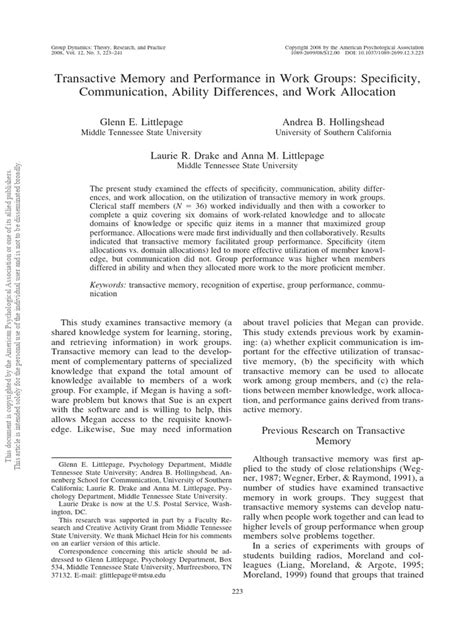 Transactive Memory And Performance In Work Groups Specificity Communication Ability