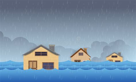 Flood Natural Disaster With House Heavy Rain And Storm Damage With