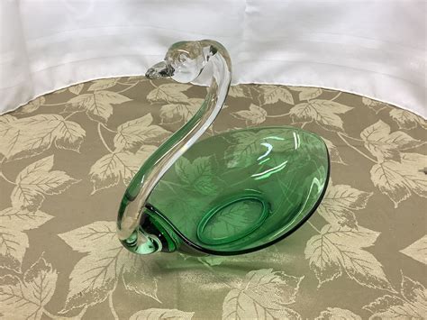 Vintage Swan Art Glass Swan Green Clear Glass Swan Etsy