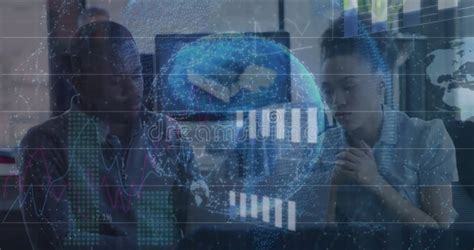 animation of graphs and globe moving over diverse colleagues discussing