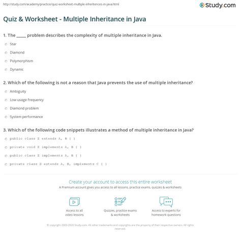 Quiz And Worksheet Multiple Inheritance In Java