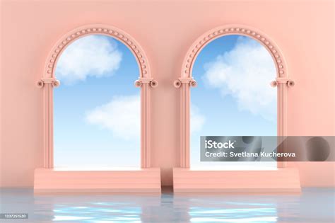 깨끗한 아름다운 물과 계단아치 형태의 연단 파란색과 복숭아 색상 흐린 하늘이 있는 받침대의 그림 3d 렌더 아치 건축적 특징에