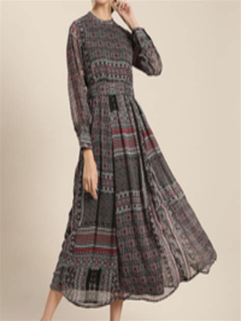 Buy Juniper Black And Multicoloured Ethnic Motifs Chiffon Midi Dress