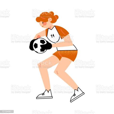 빨간 반바지에 여자 축구 골키퍼 선수가 오른쪽 보기를 잡는다 평면 만화 스타일의 벡터 일러스트레이션입니다 Championship